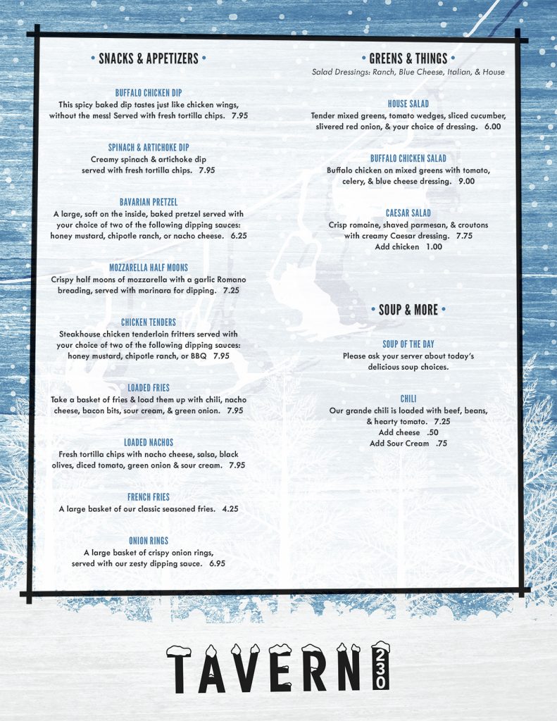 Tavern Menu 16-17 (Front) - Snow Ridge